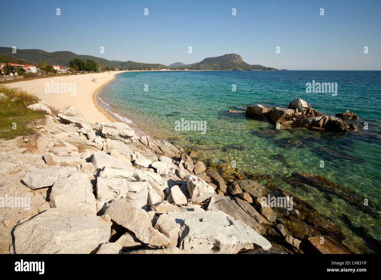 beach and bay of the small holiday resort of Toroni, Sithonia, Greece ...