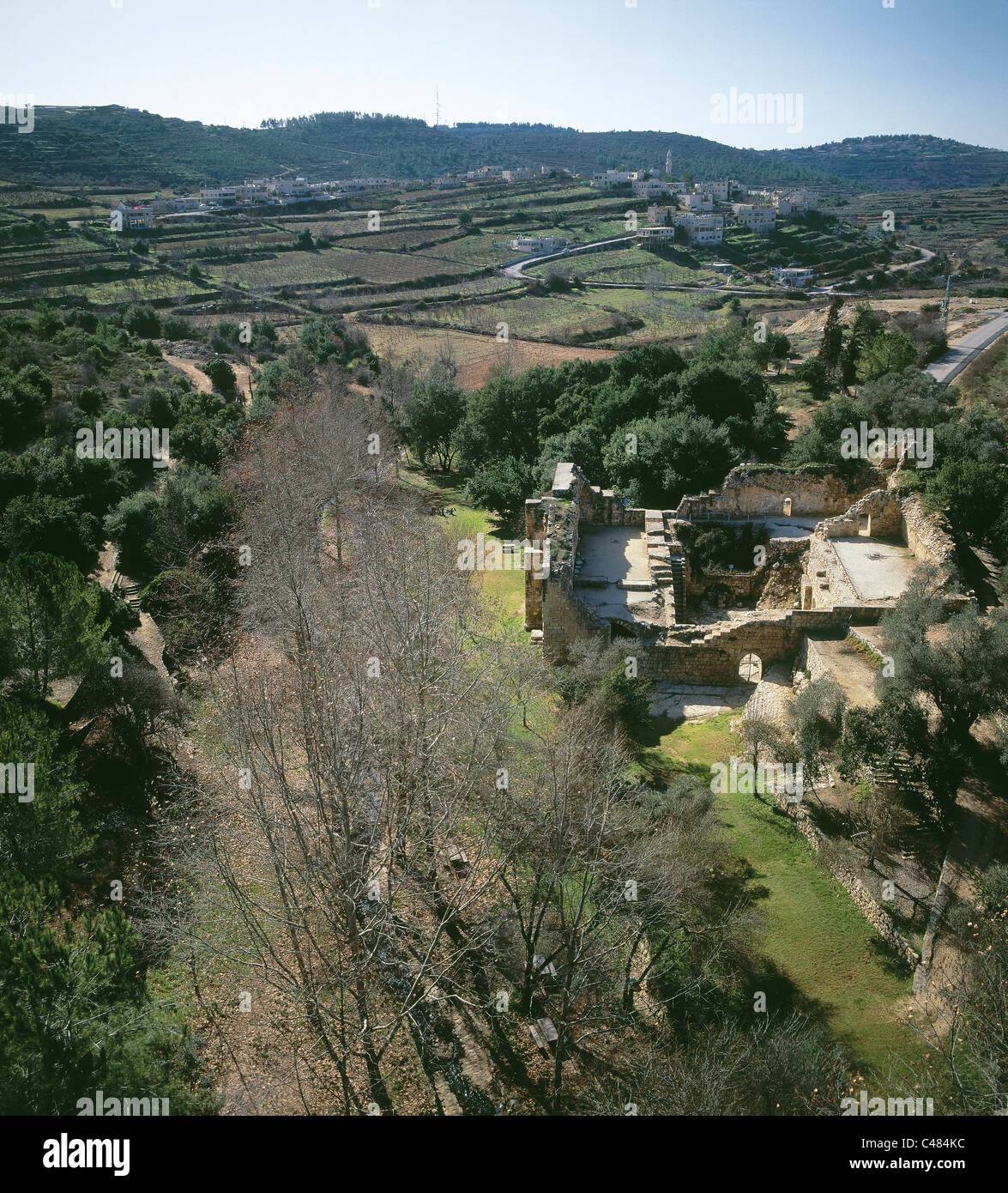 Aerial view of the ruins of the agricultural estate at En Hemed west of ...