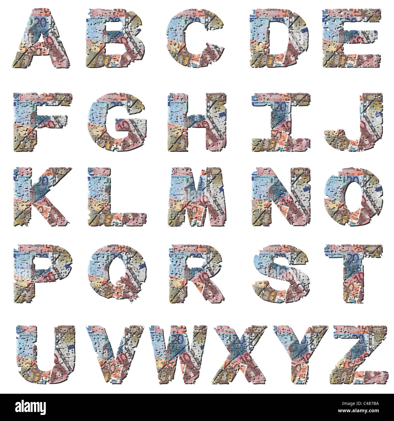 Grunge european euros font isolated on white illustration Stock Photo ...