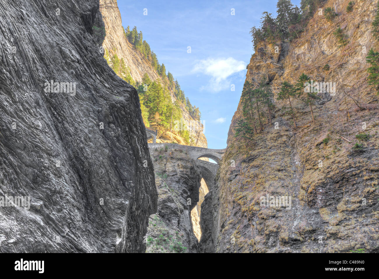 historic stone bridges of deep crevice of Viamala slot canyon, near ...