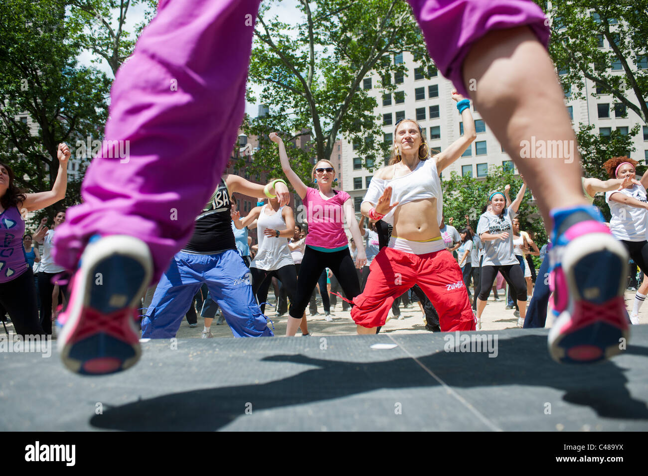 Exercisers participate in a Zumba class in Madison Square Park in New ...