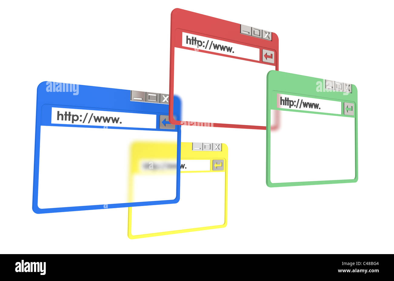 4 Browser Windows, red, yellow, green, and blue. Isolated on white ...
