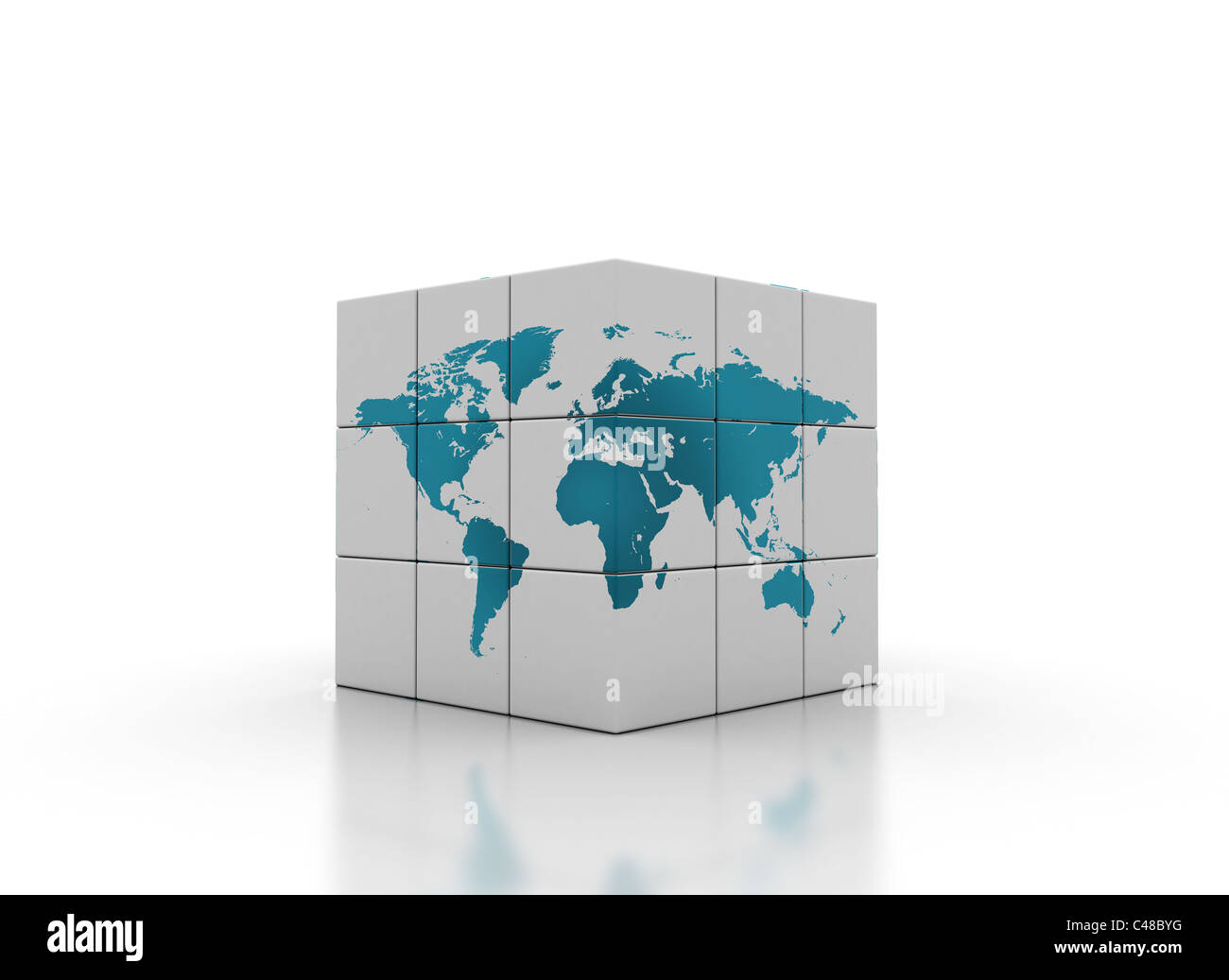 cubes with world map 3d render - global community Stock Photo - Alamy