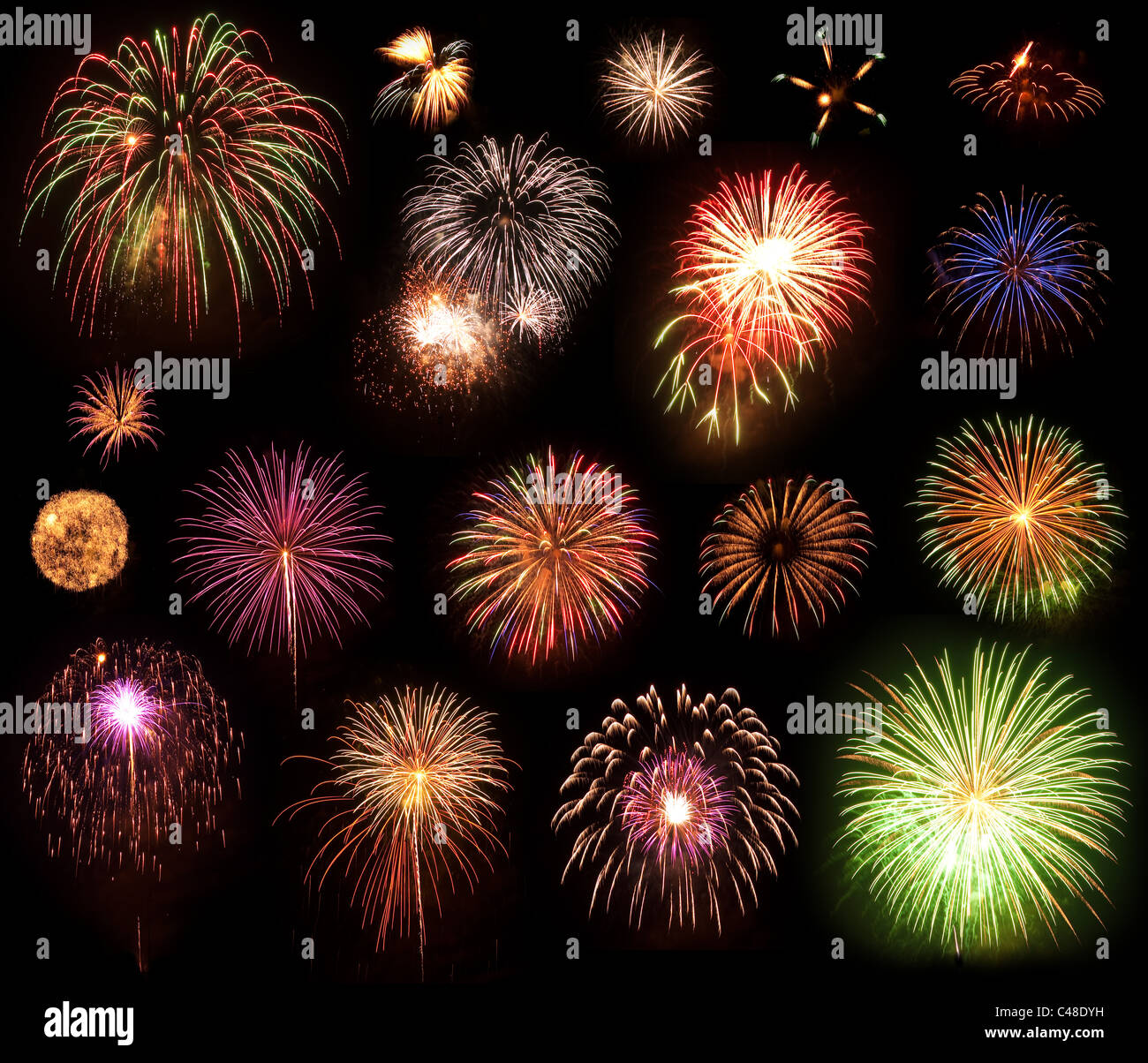 A Collection of Multi Colored Fireworks on a Black Background Stock ...