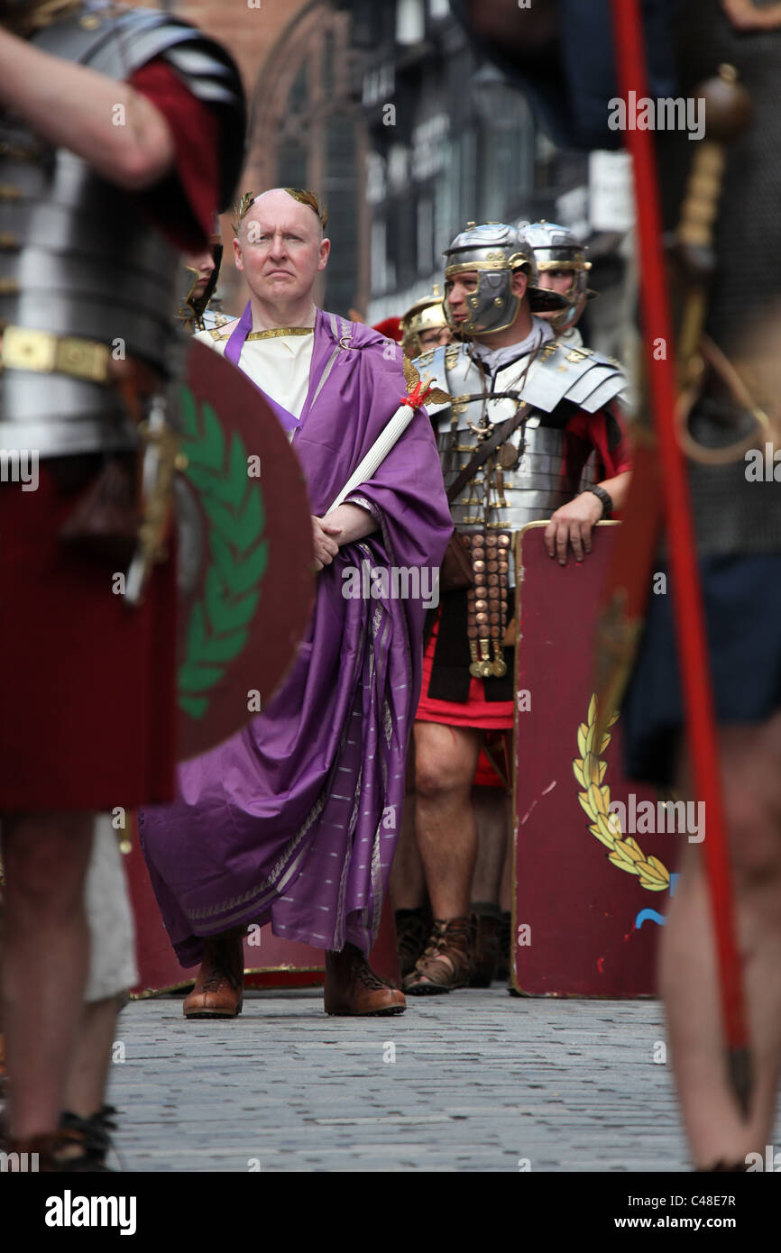 City of Chester, England. Roman Emperor leading soldiers and centurions ...