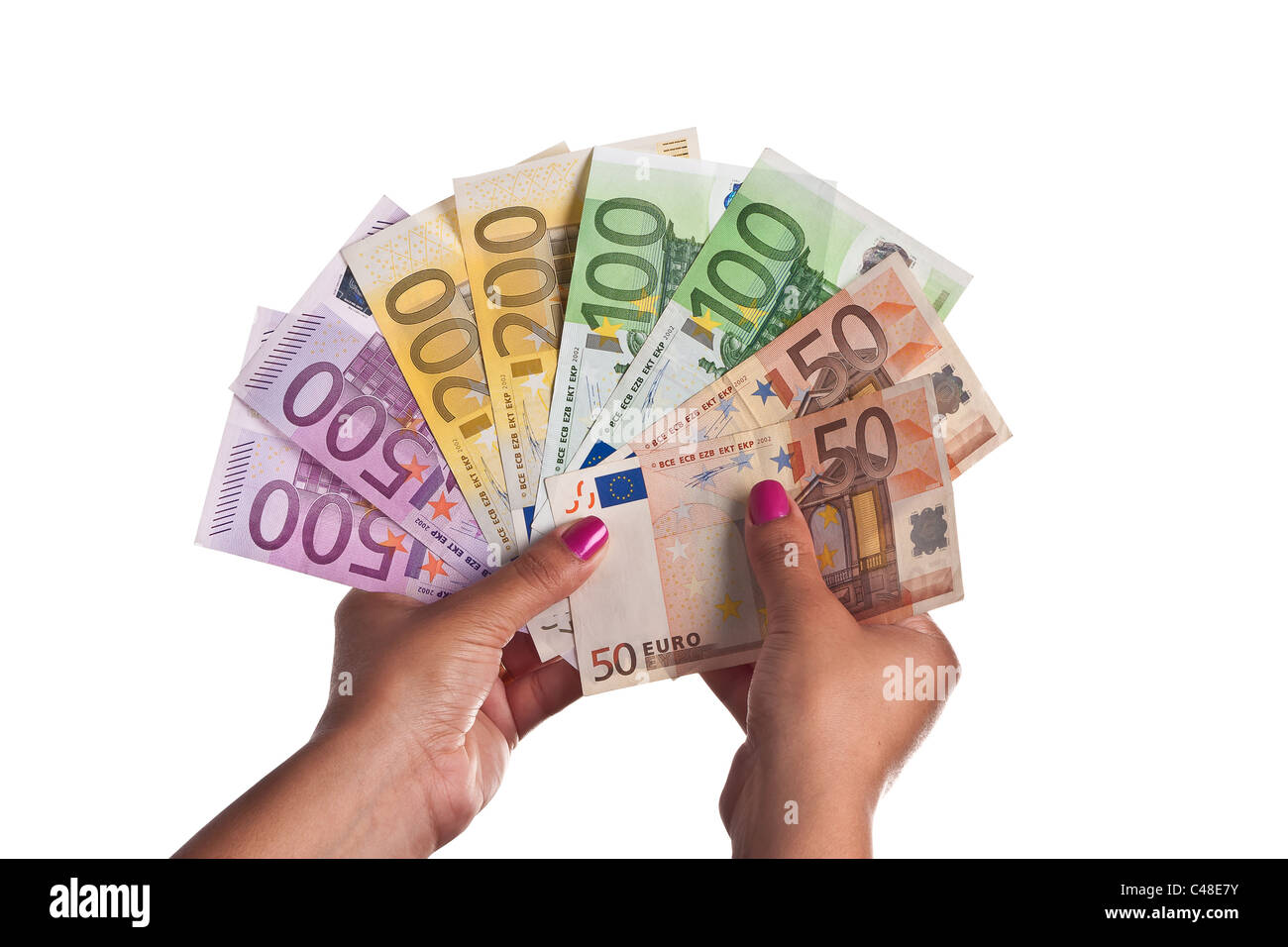 A Range of Euro Banknotes in a young woman's hands Stock Photo - Alamy
