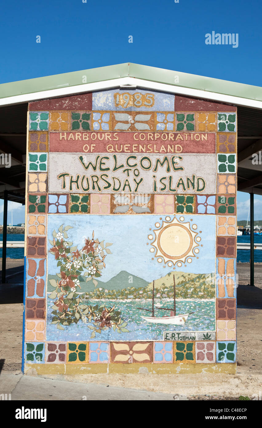 Thursday Island welcome sign at Engineers Wharf. Thursday Island ...