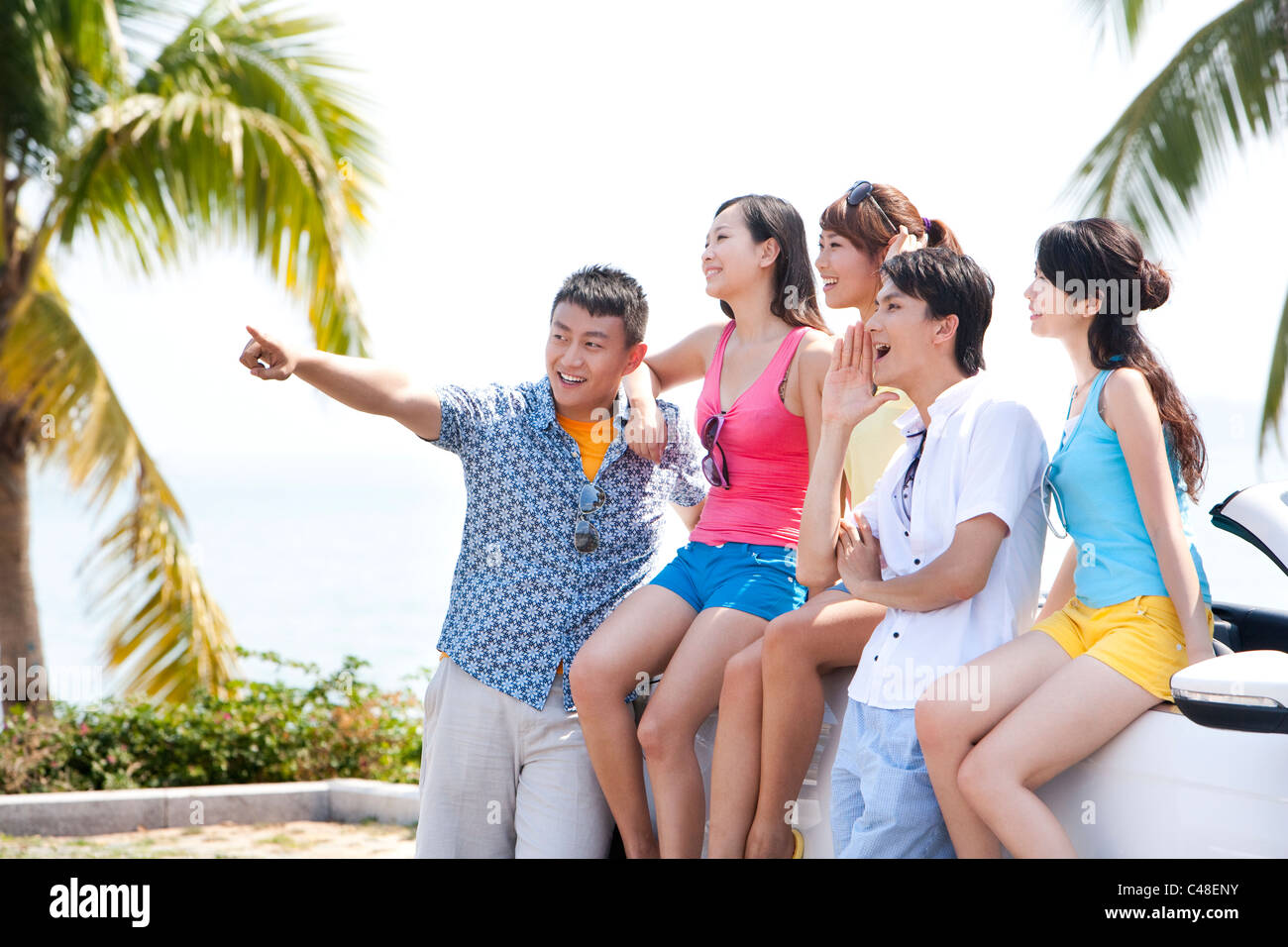 Friends Having Fun in a Convertible Stock Photo - Alamy