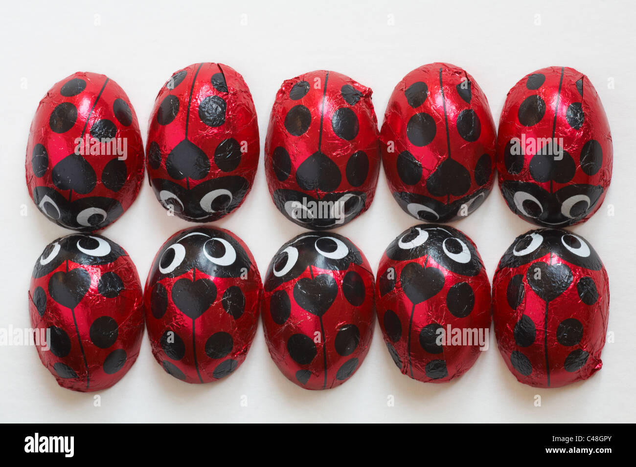 10 ten chocolate foiled ladybirds ladybugs in rows face to face ...