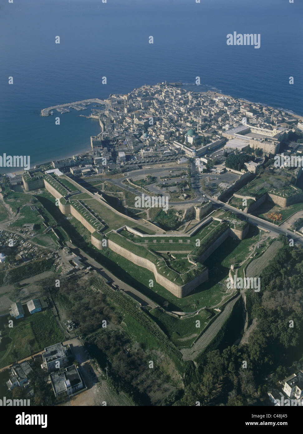 Aerial photograph of the Mosque of El-Jazzar at the old city of Acre ...