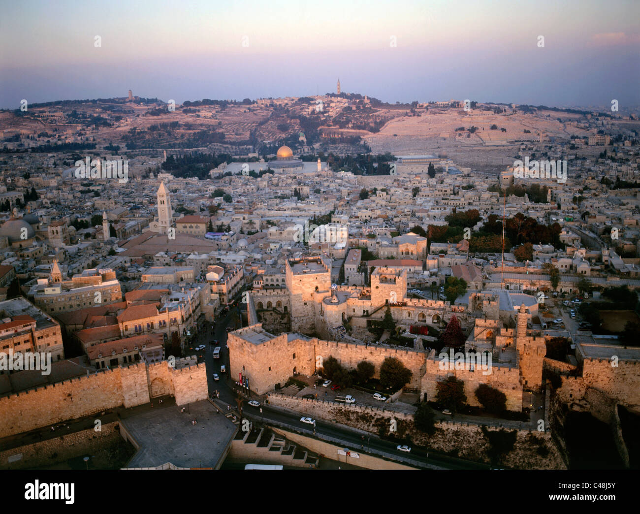 Aerial photograph of the old city of Jerusalem at sunset Stock Photo ...