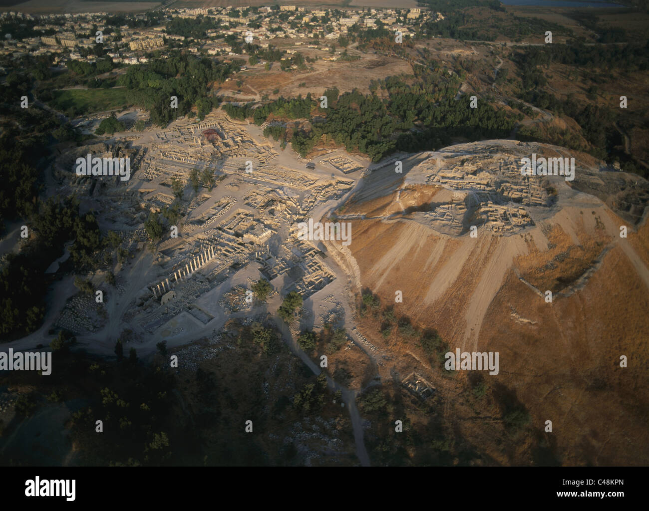 Aerial photograph of the ruins of the Roman city of Beit Shean in the ...