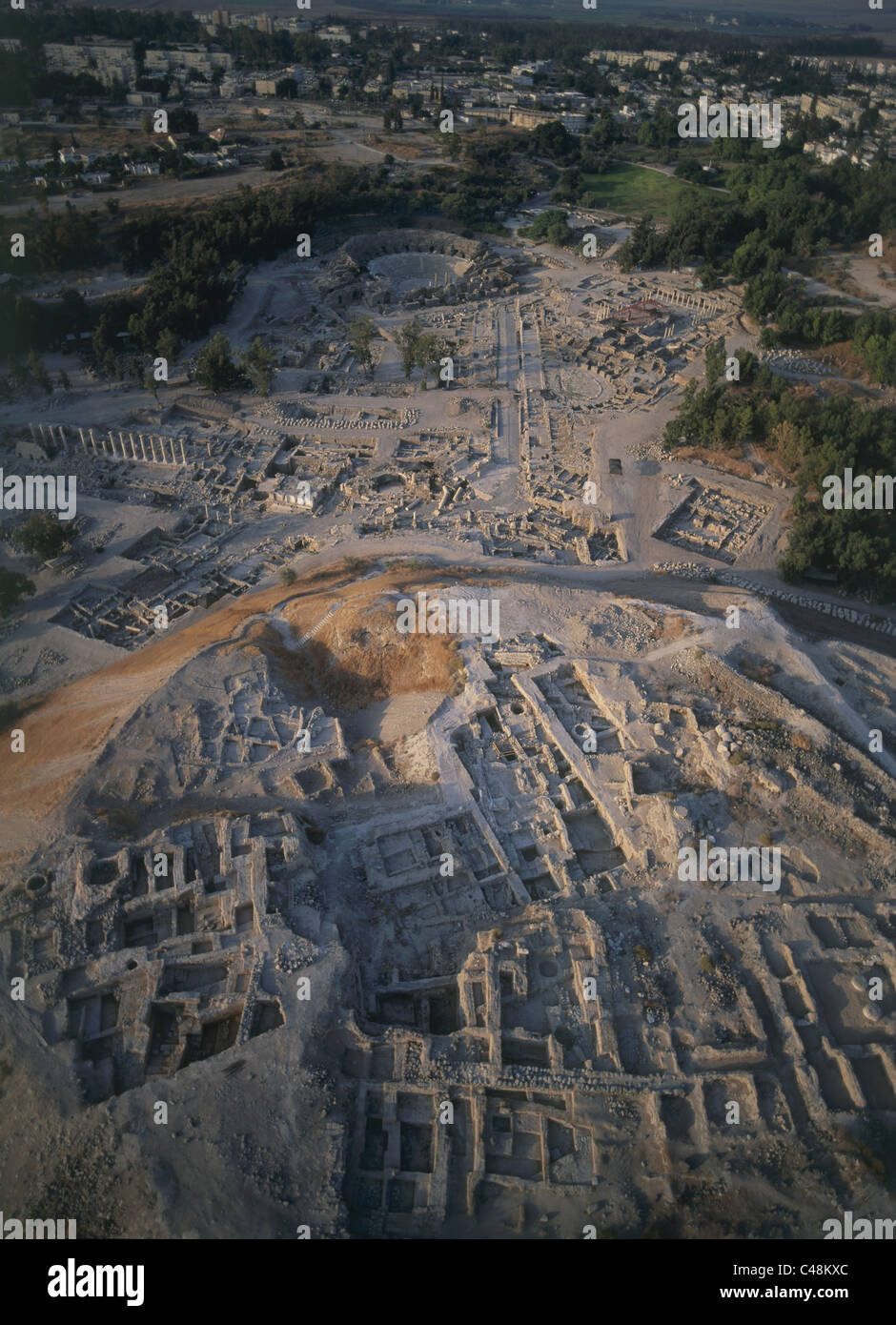 Aerial photograph of the ruins of the Roman city of Beit Shean in the ...