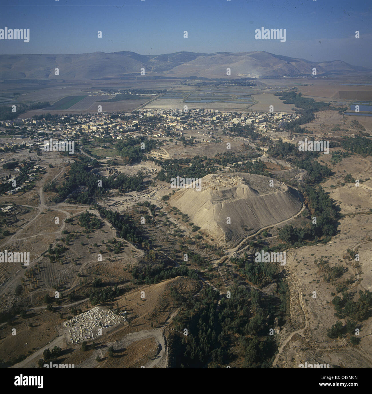Aerial photograph of the ruins of the Roman city of Beit Shean in the ...