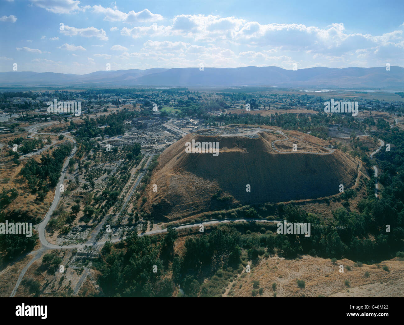 Aerial photograph of the ruins of the Roman city of Beit Shean in the ...