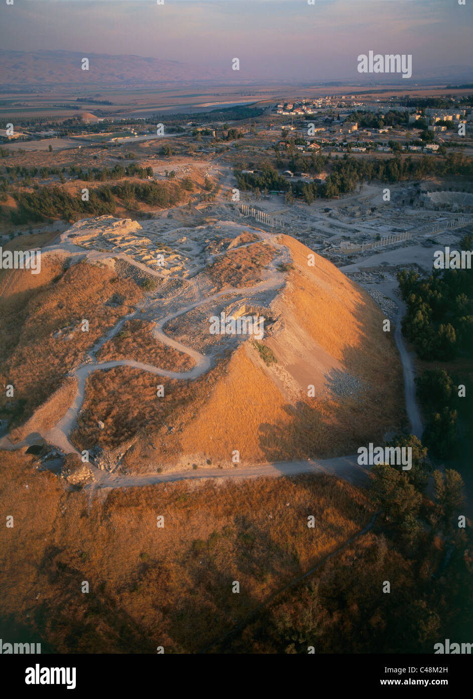 Aerial photograph of the ruins of the Roman city of Beit Shean in the ...