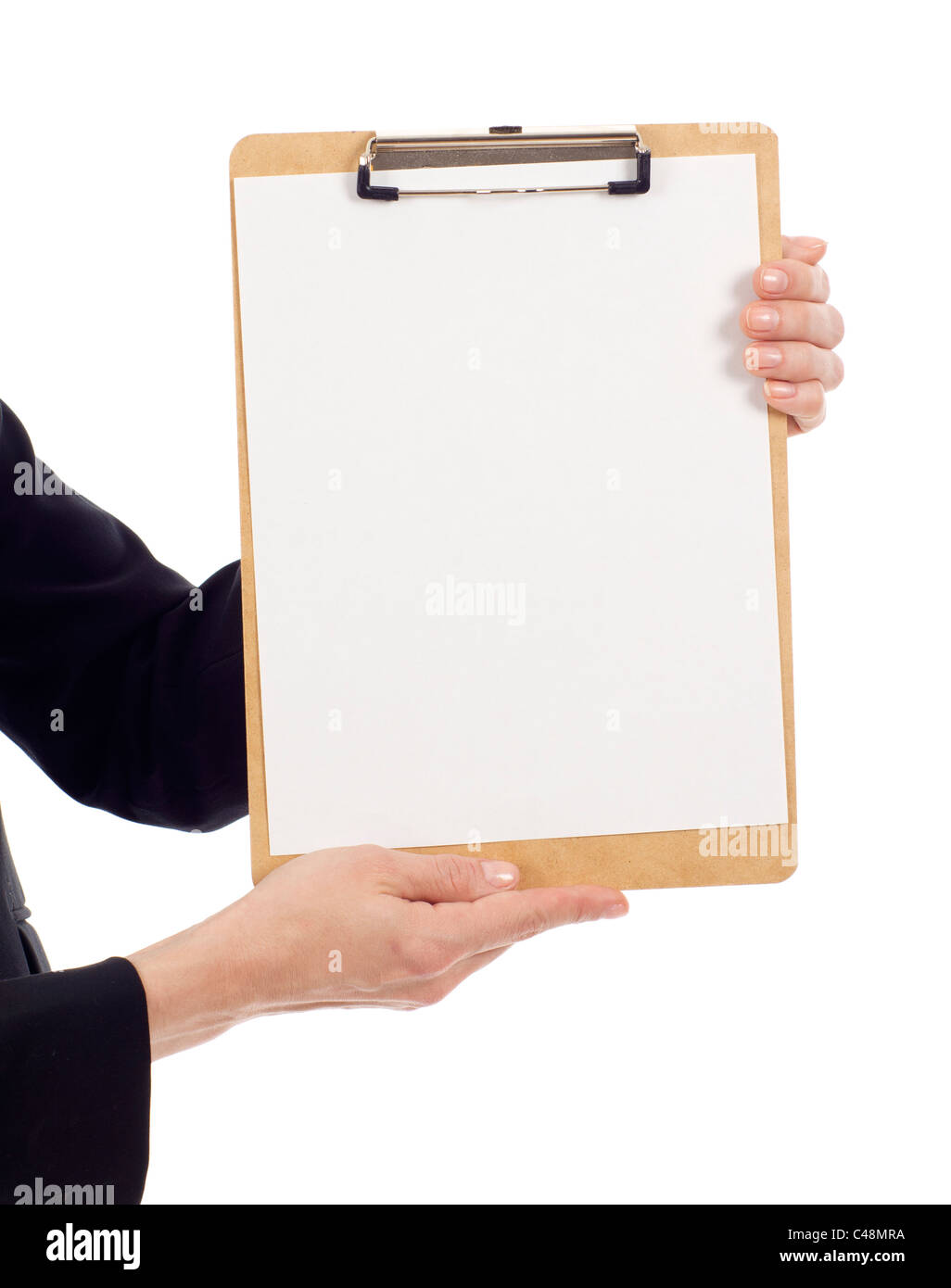 Hands Holding A Clipboard With A Blank Paper Isolated Over White
