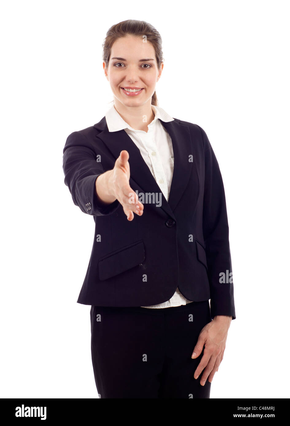 Smiling modern business woman stretches out hand for handshake isolated ...