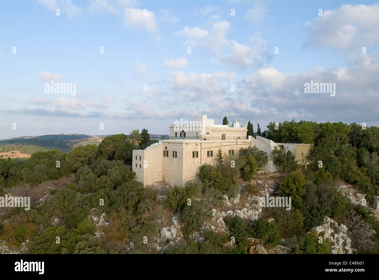Aerial photograph of the monastery of Muchraka on the Carmel mountain ...