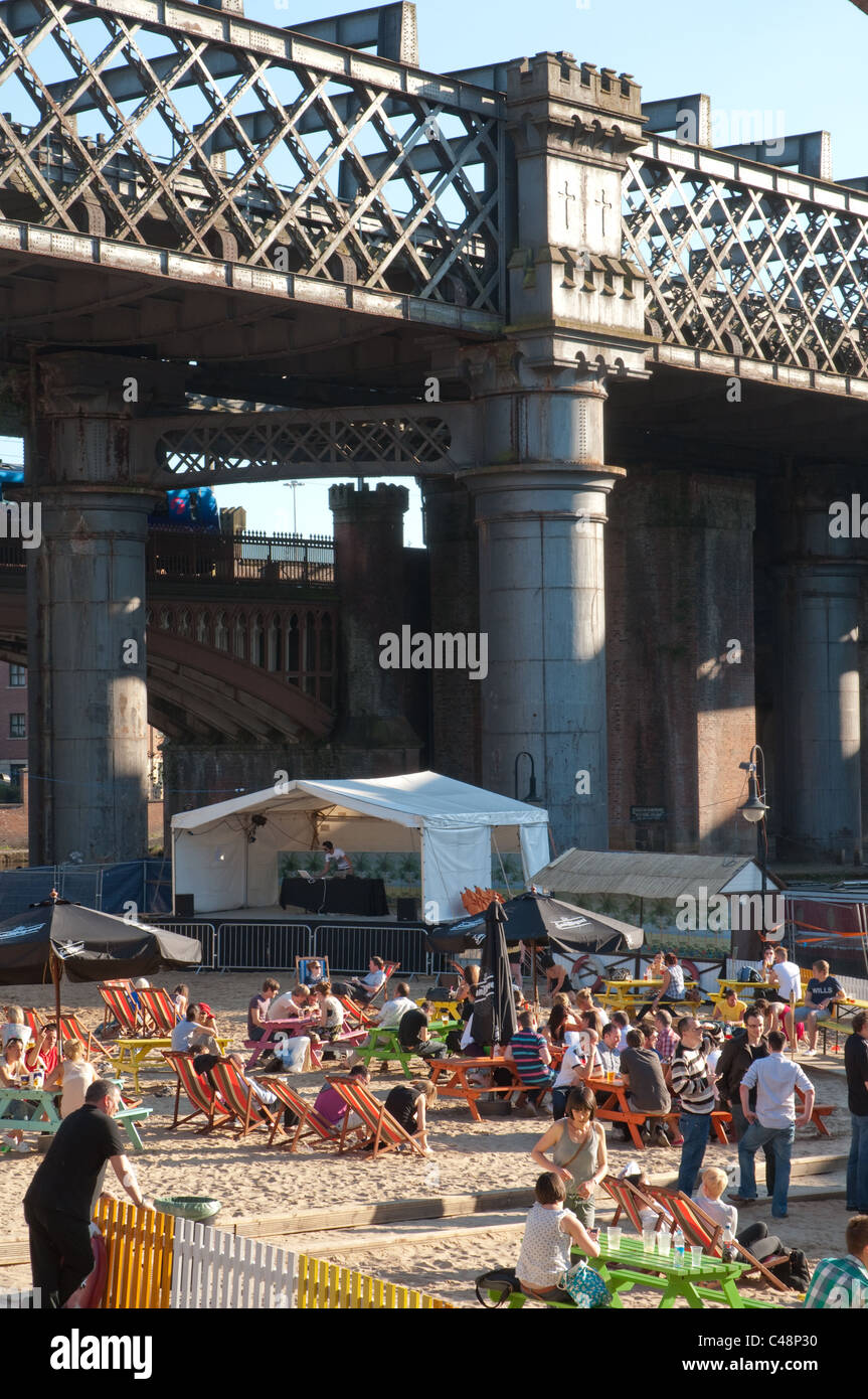 Artificial beach in Castlefield,Manchester.The canal side transformed ...