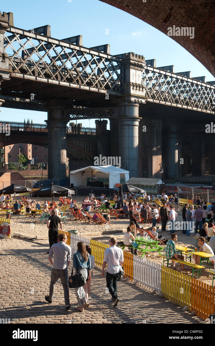 Artificial beach in Castlefield,Manchester.The canal side transformed ...