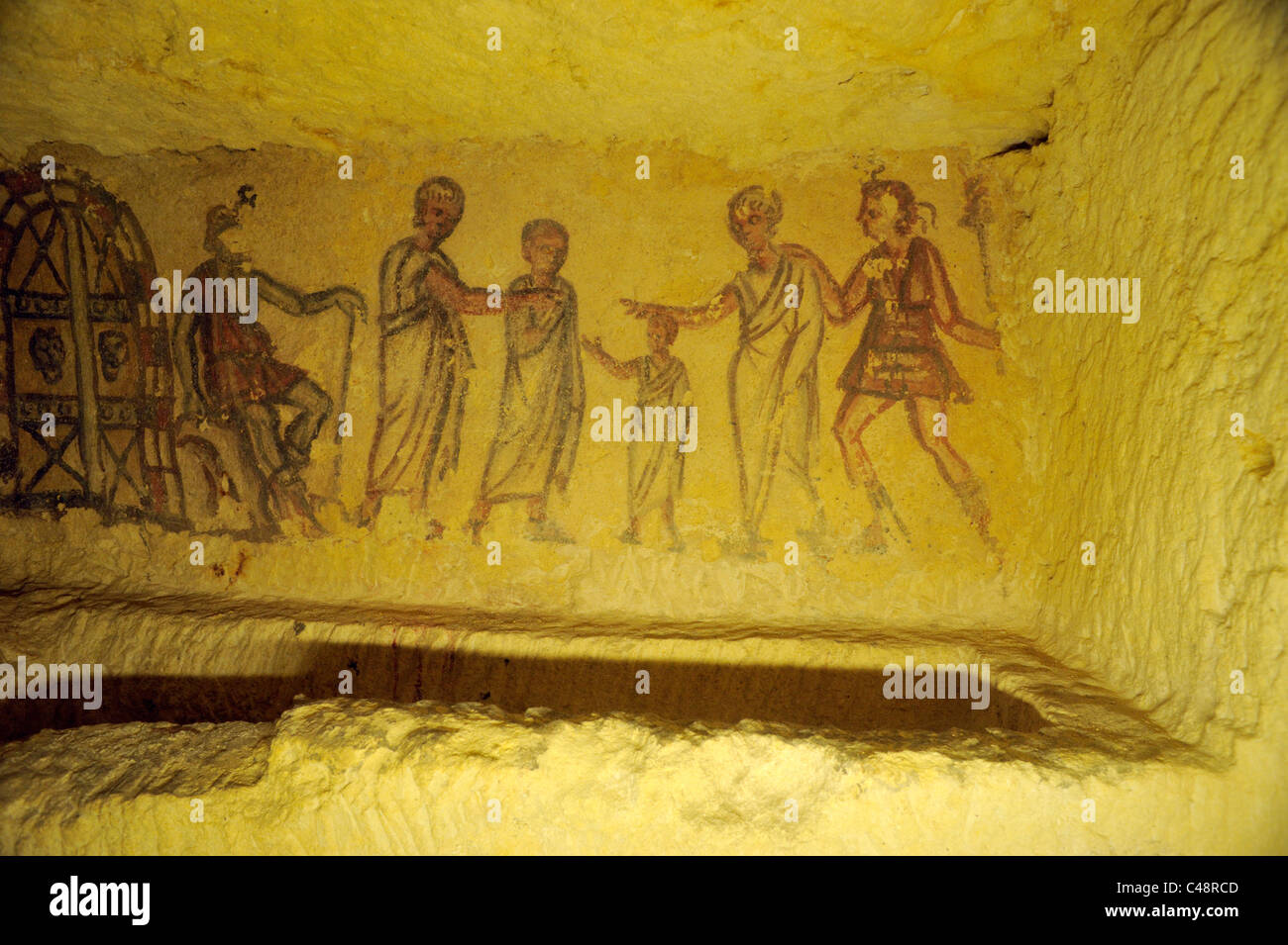 italy, lazio, tarquinia, monterozzi etruscan necropolis, tomb interior ...