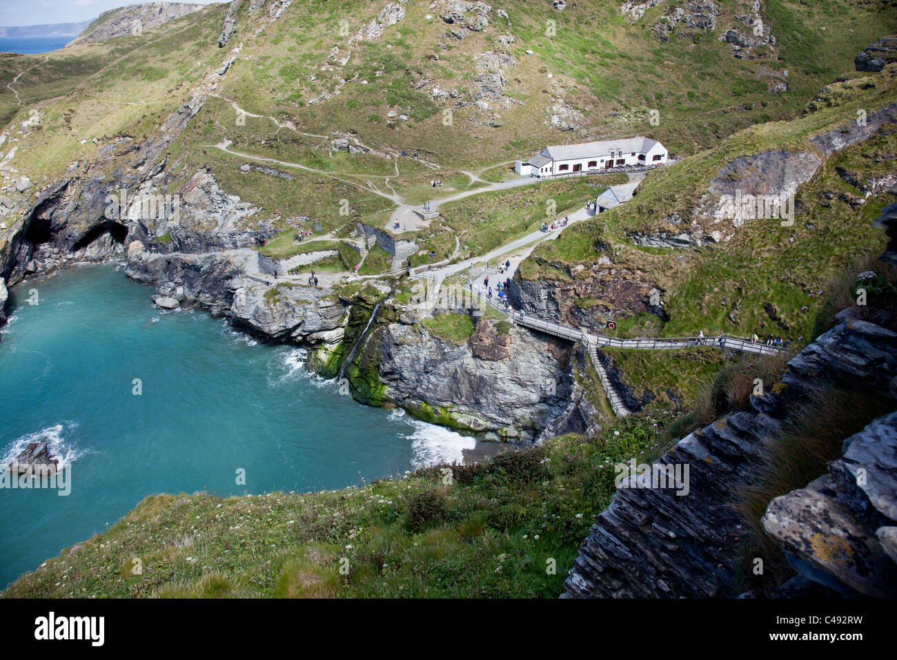 The beach cafe and steps at Tintagel Castle, Tintagel, Cornwall Stock ...