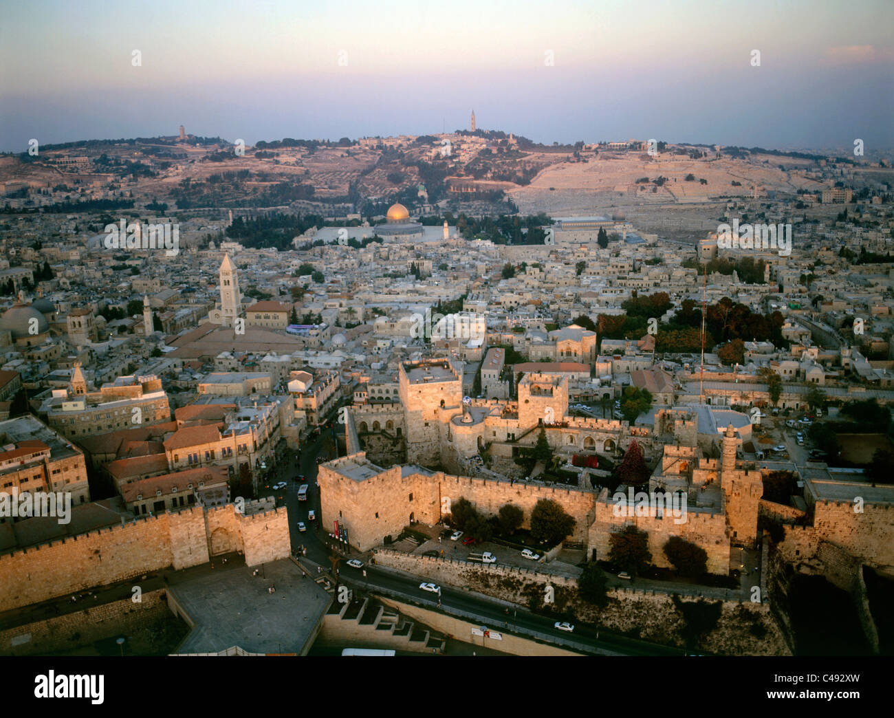 Aerial photograph of the old city of Jerusalem at sunset Stock Photo ...
