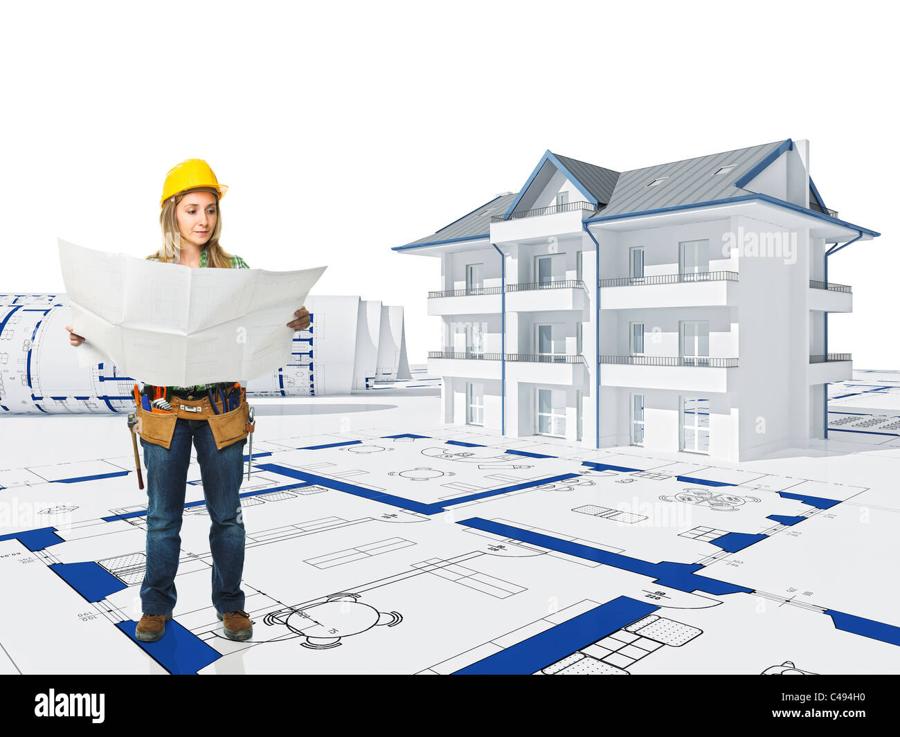 manual worker on 3d house background Stock Photo - Alamy
