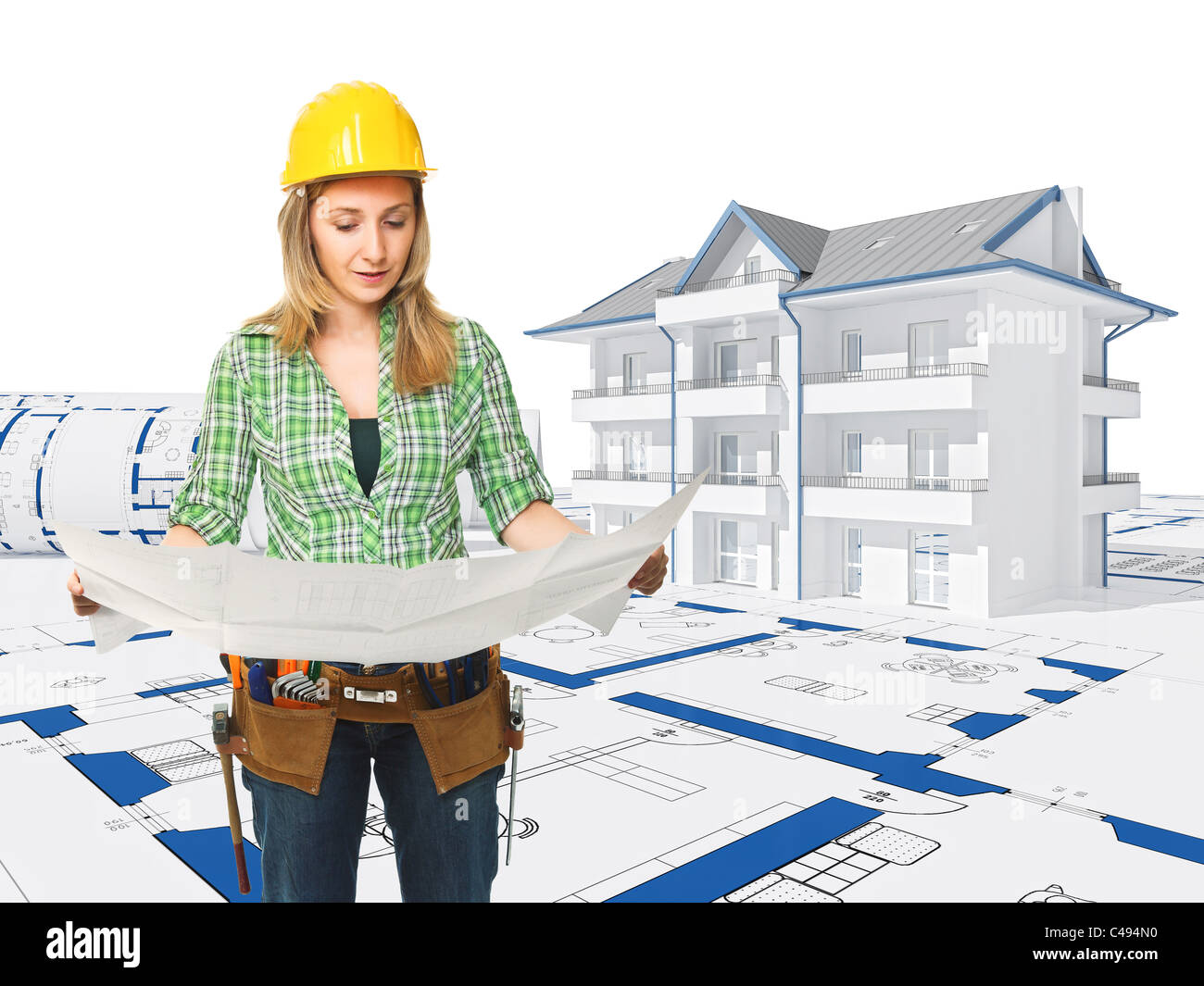 woman manual worker and 3d house background Stock Photo - Alamy