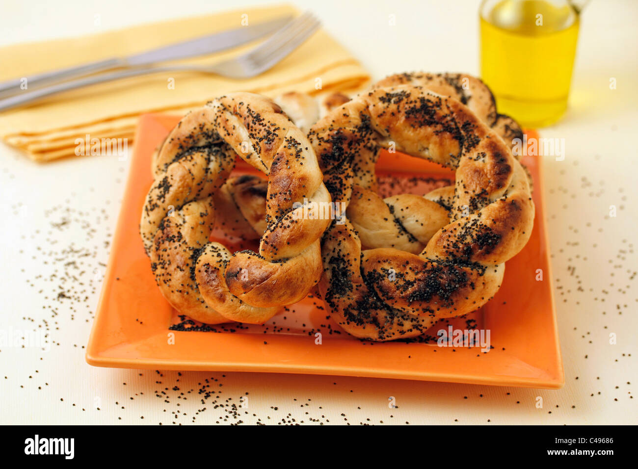 Pretzels with poppy seeds. Recipe available Stock Photo - Alamy