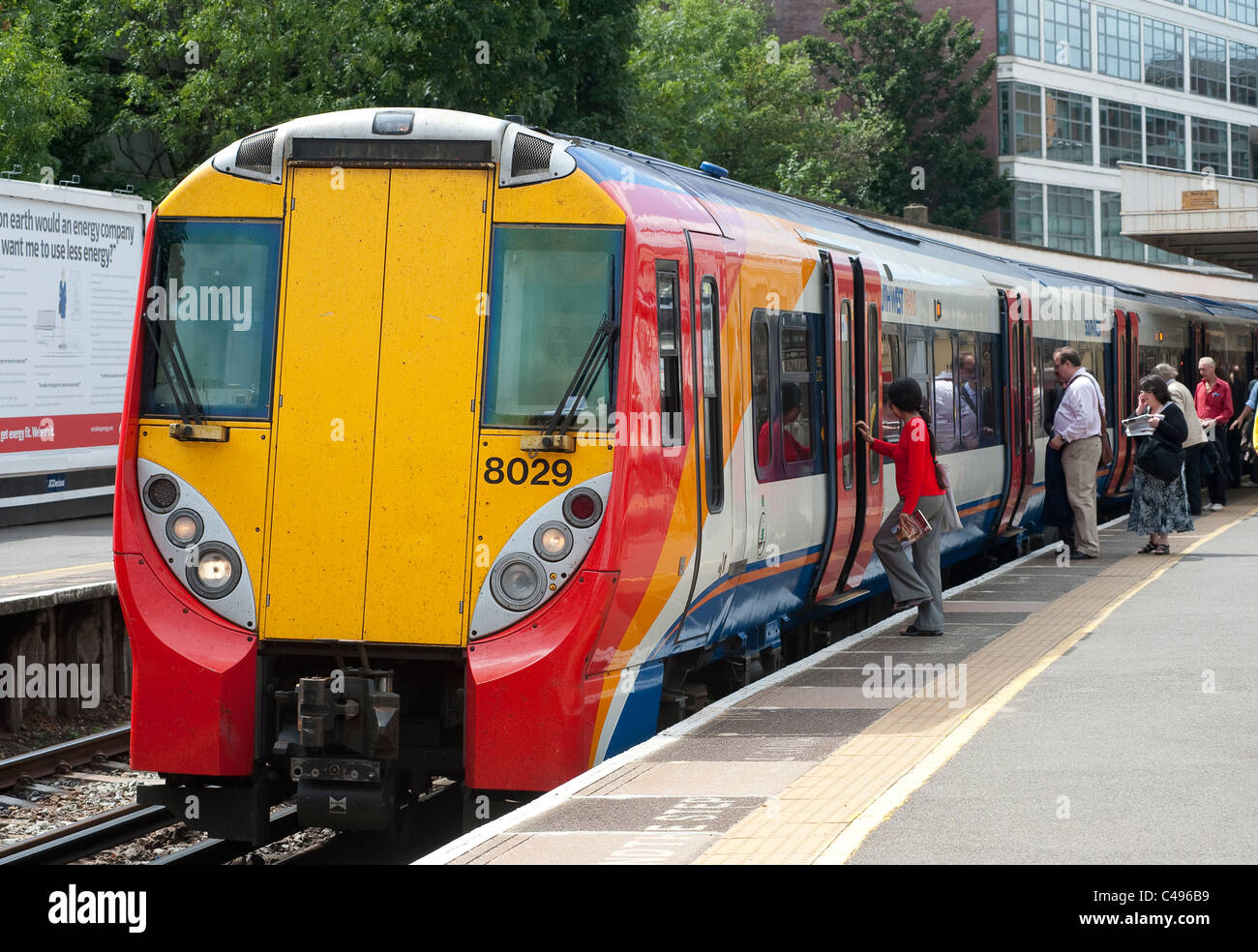 Class 458 Juniper Passenger Train In South West Trains Livery Waiting