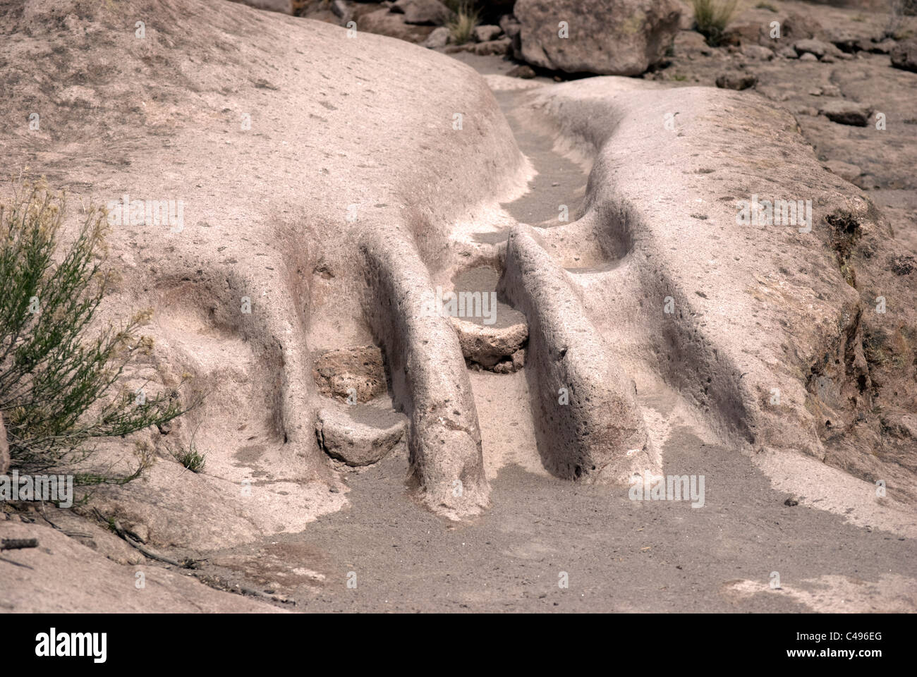 A series of stepped footpaths carved into soft tuff rock at Tsankawi ...