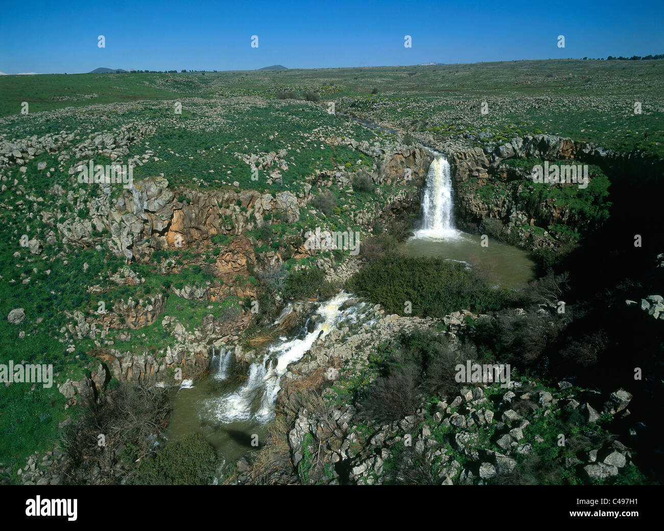 Aerial photograph of the Irusim waterfall in the central Golan Heights ...