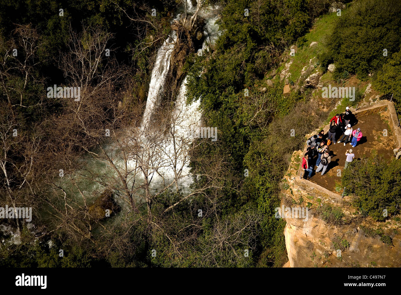 Aerial photograph of the Banias waterfall in the Northern Golan Heights ...