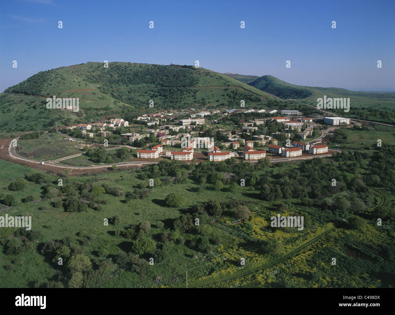 Aerial photograph of the village of Merom Golan in the northern Golan ...