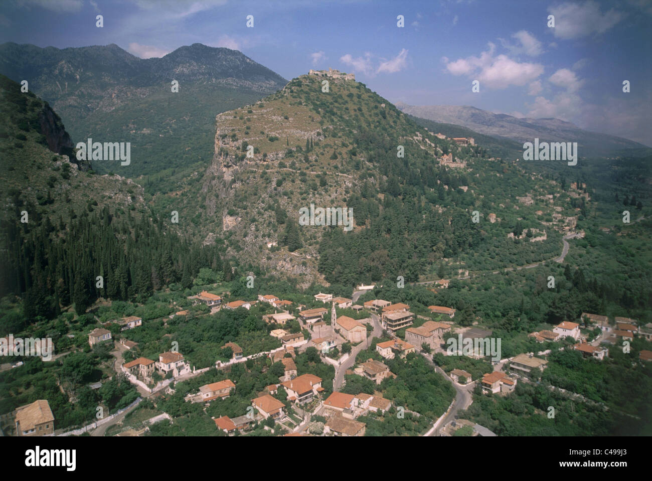 Aerial photograph of the Greek village of Mystras on the slopes of ...