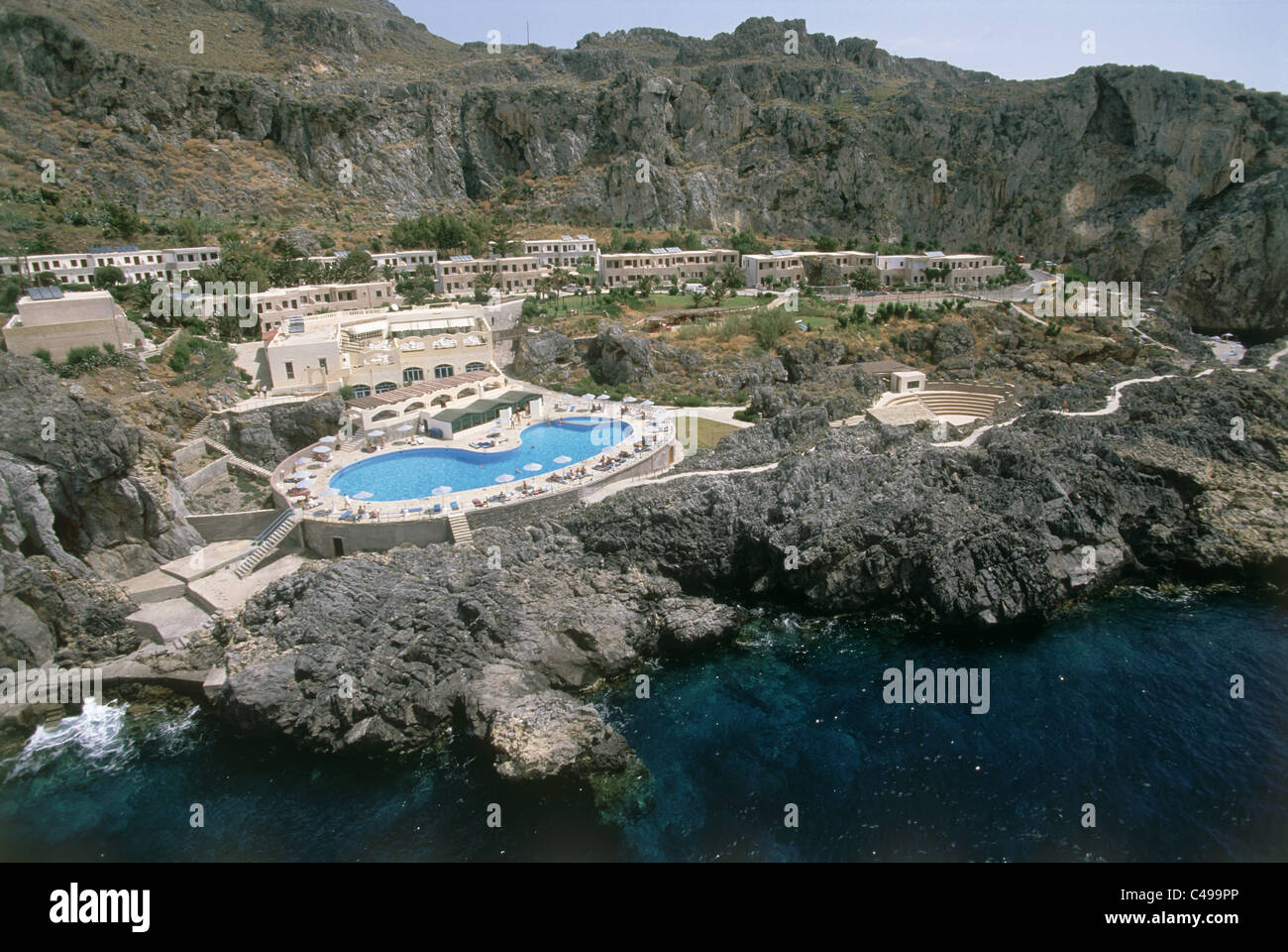 Aerial photograph of a Greek resort village on the island of Crete ...