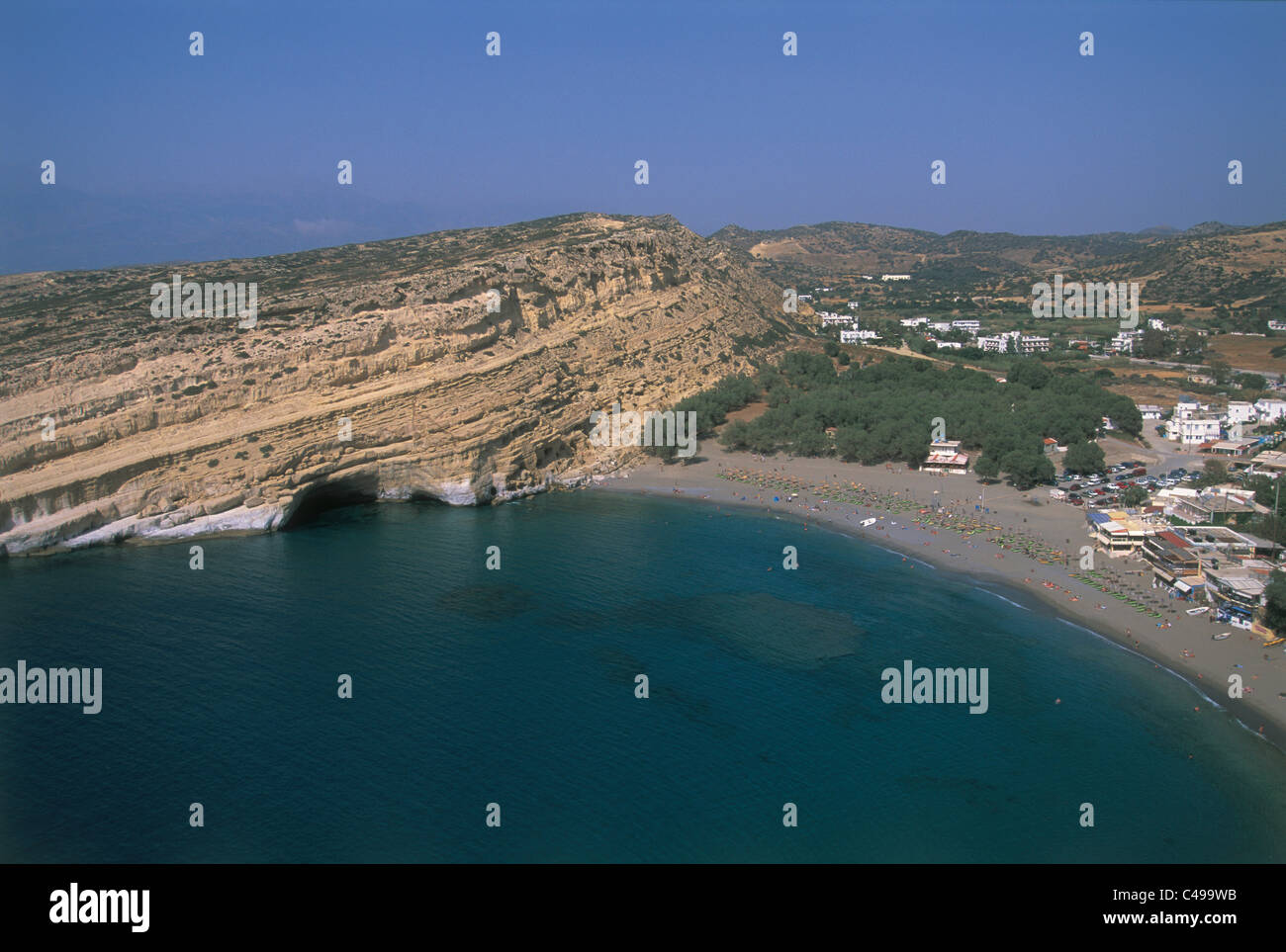 Aerial view of the Matala bay on the Greek island of Crete Stock Photo ...
