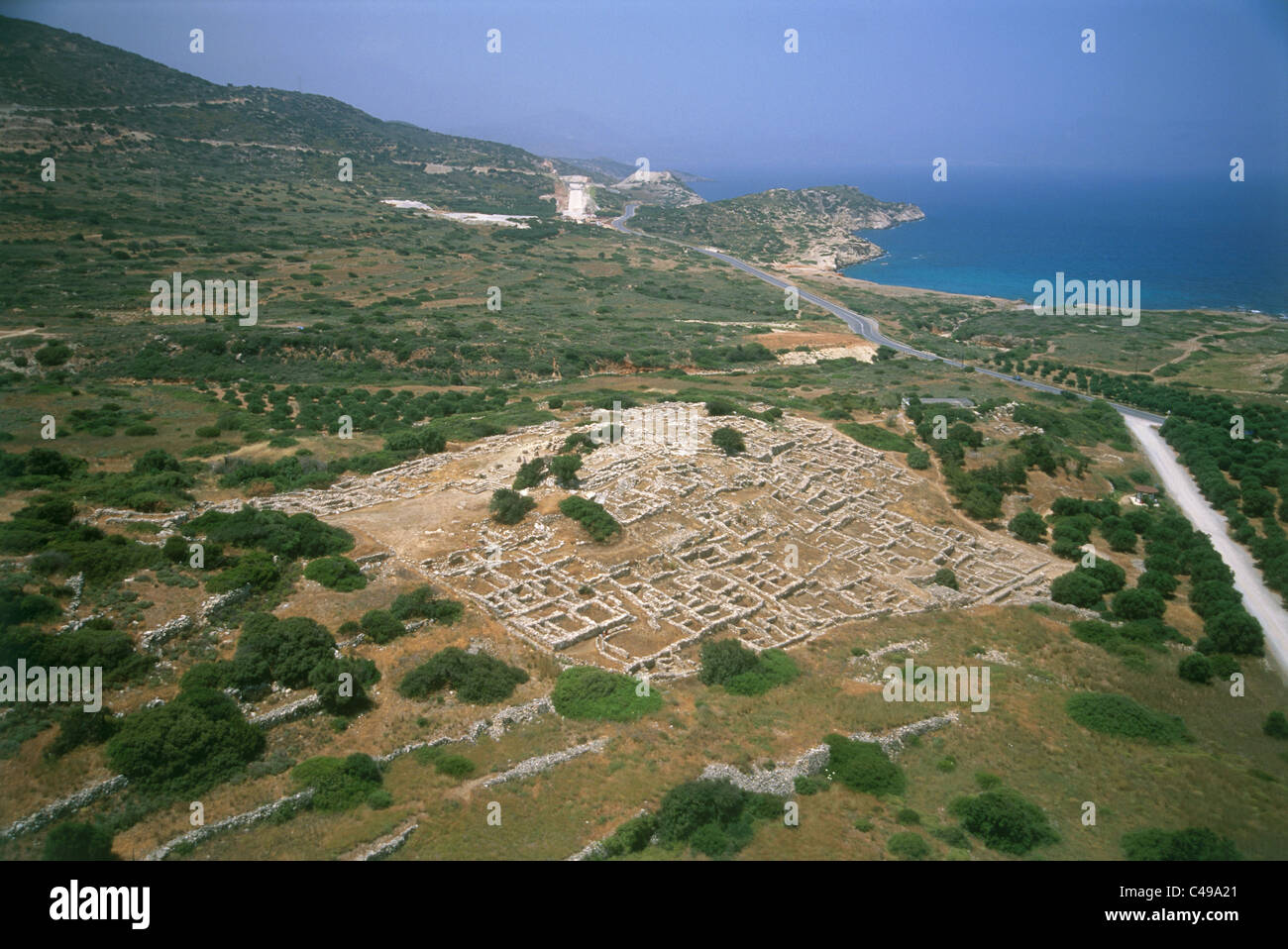 Aerial photograph of the archeology site of Gournia on the Greek island ...
