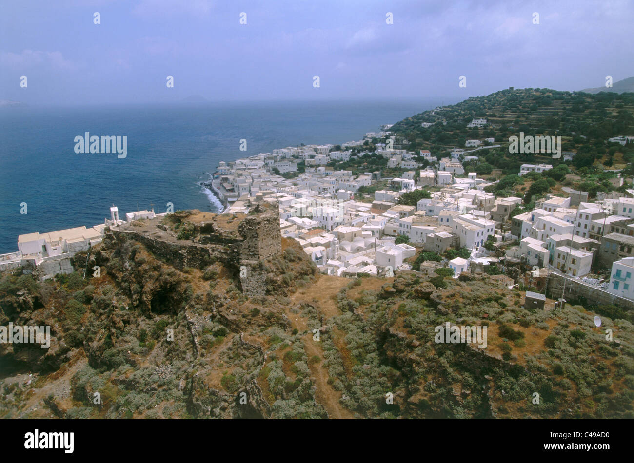 Aerial view of the Greek village of mandraki on the island of Nissiros ...
