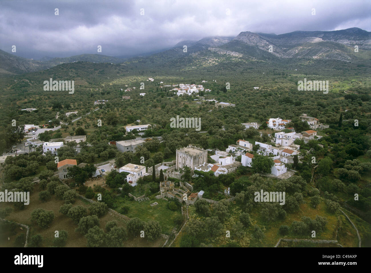 Aerial photograph of the Greek village of Haliki on the island of Naxos ...