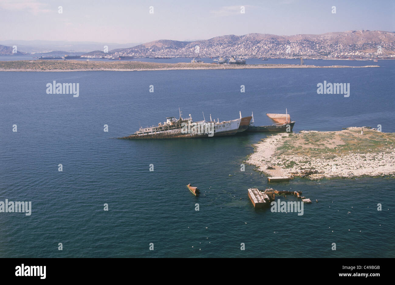 Aerial photograph of sunk ships in the Salamina bay in Greece Stock ...