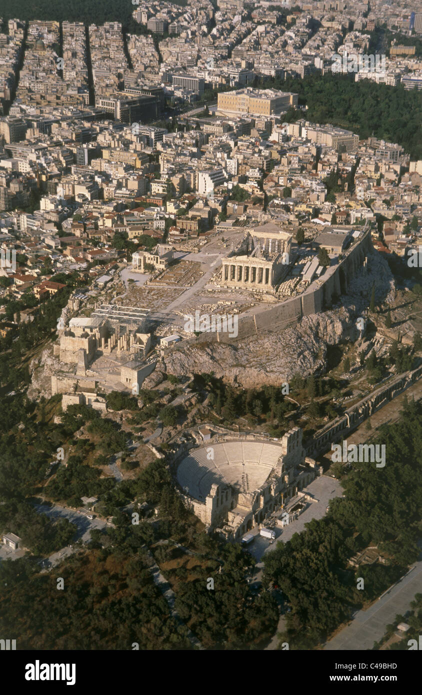 Aerial photograph of the Acropolis in the modern Greek city of Athens ...