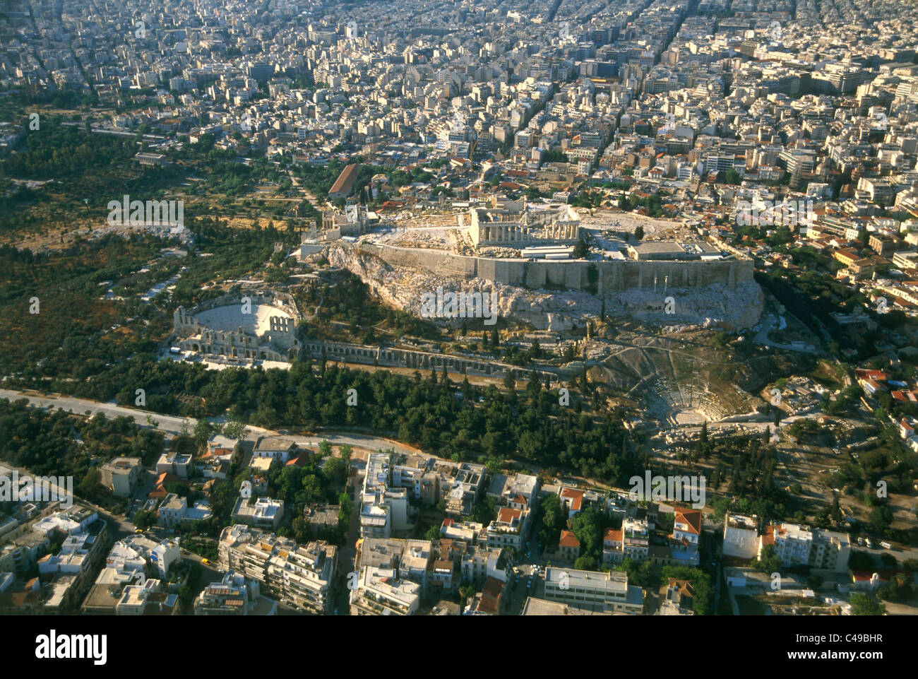 Aerial photograph of the Acropolis in the modern Greek city of Athens ...