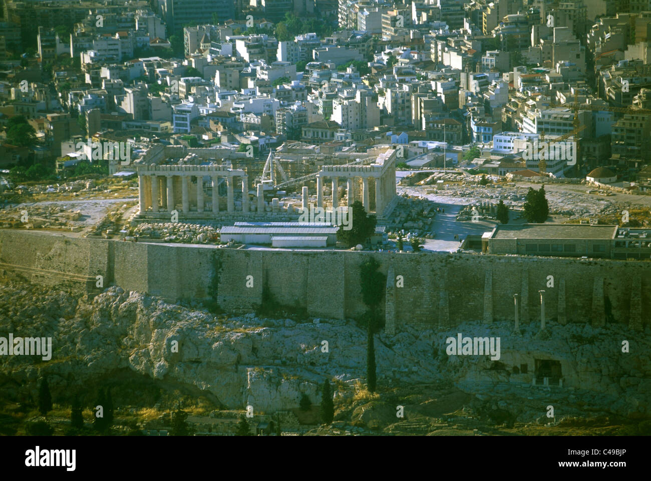 Aerial photograph of the Acropolis in the modern Greek city of Athens ...