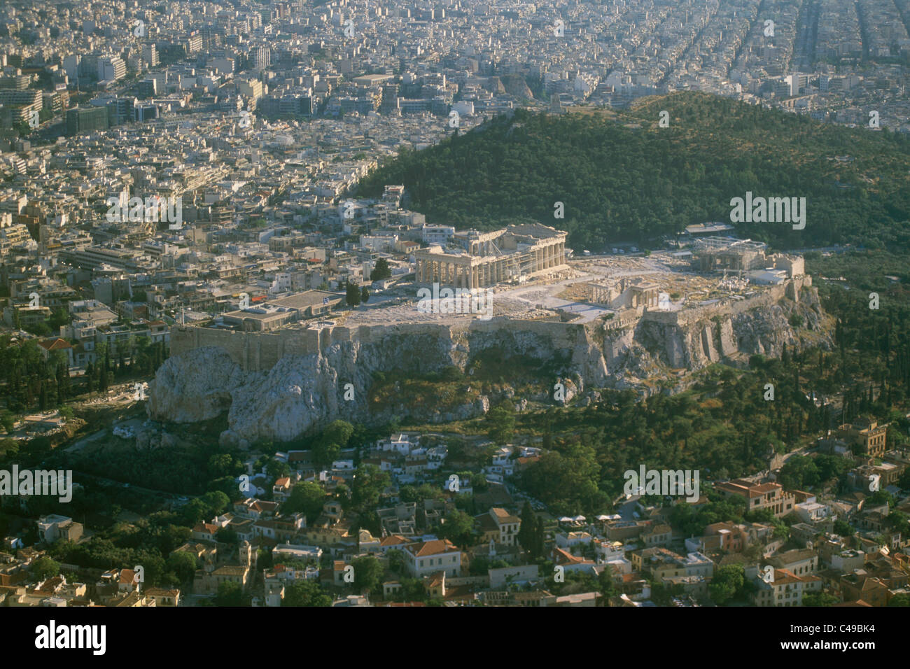 Aerial photograph of the Acropolis in the modern Greek city of Athens ...