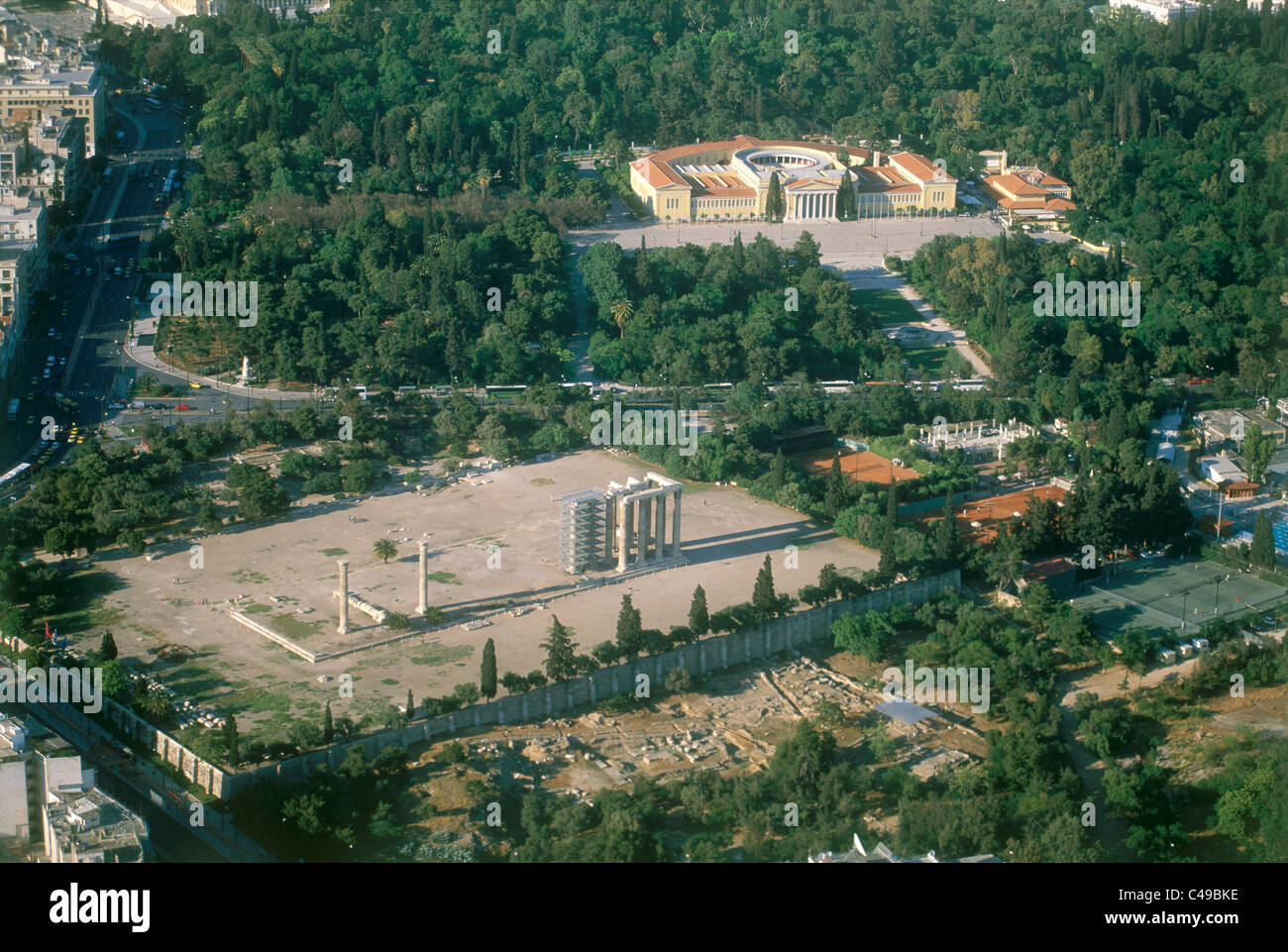Aerial photograph of the Temple of Zeus in the modern city of Athens ...