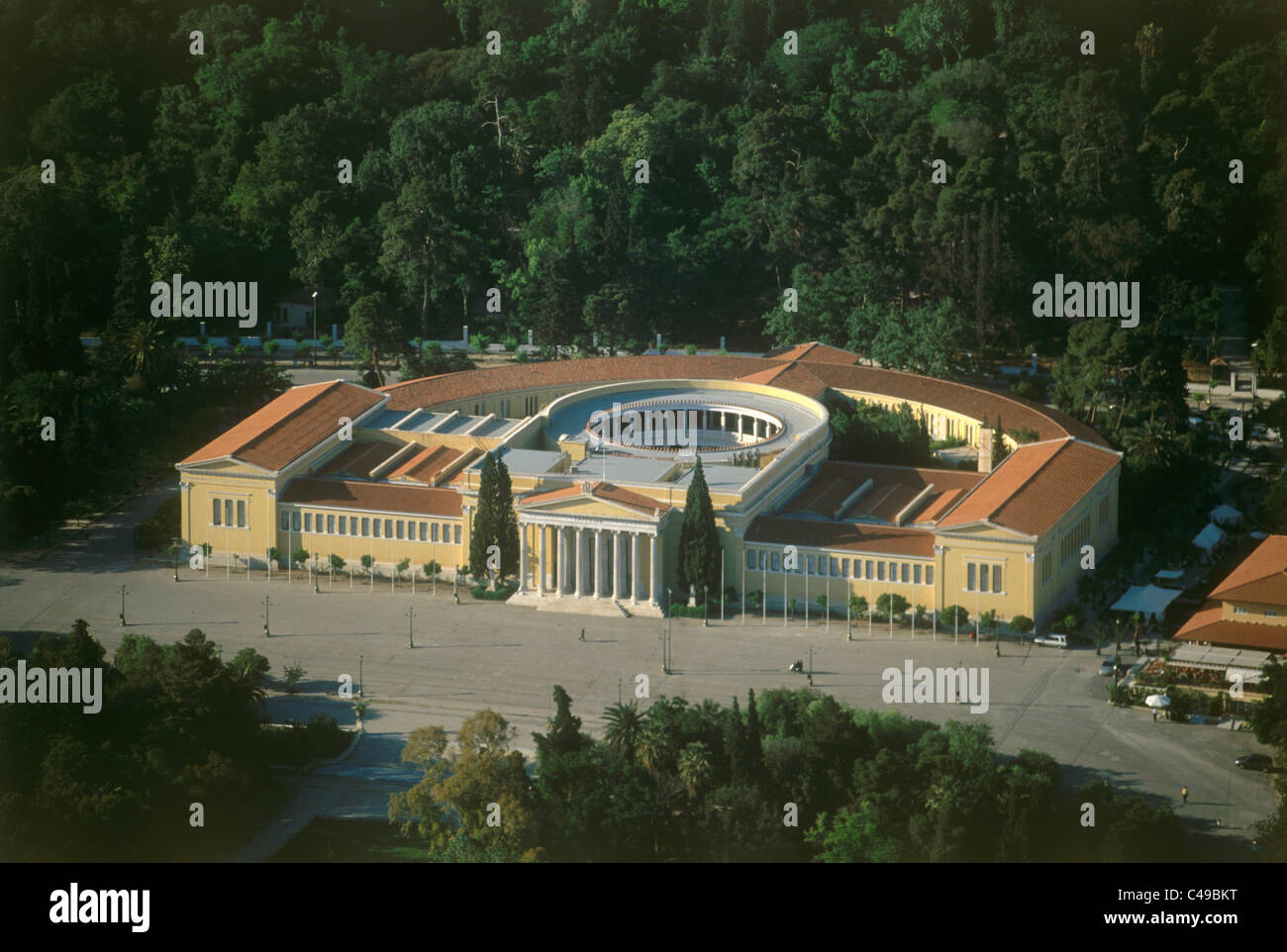 Aerial photograph of the Temple of Zeus in the modern city of Athens ...