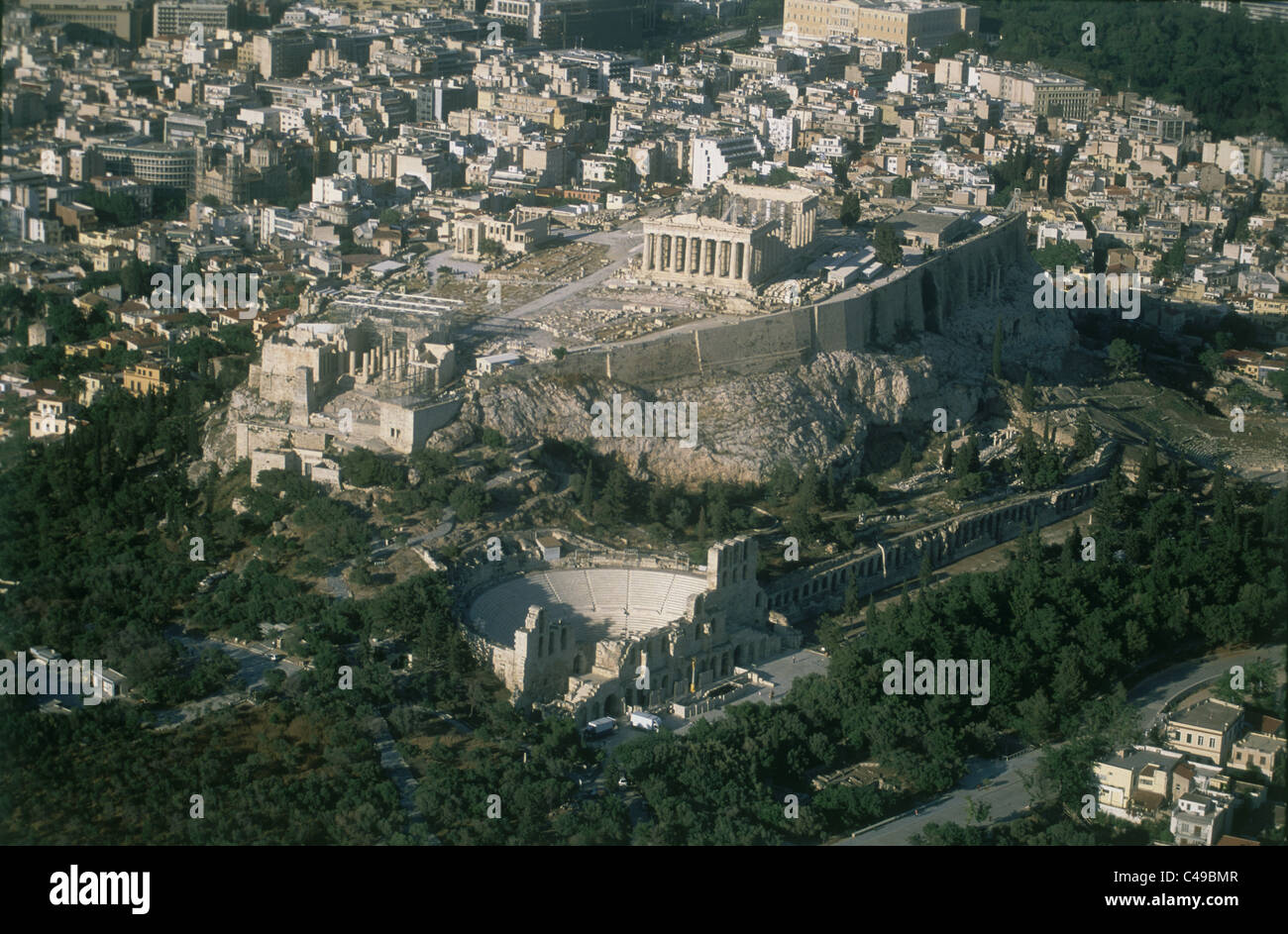 Aerial photograph of the Acropolis in the modern city of Athens Greece ...